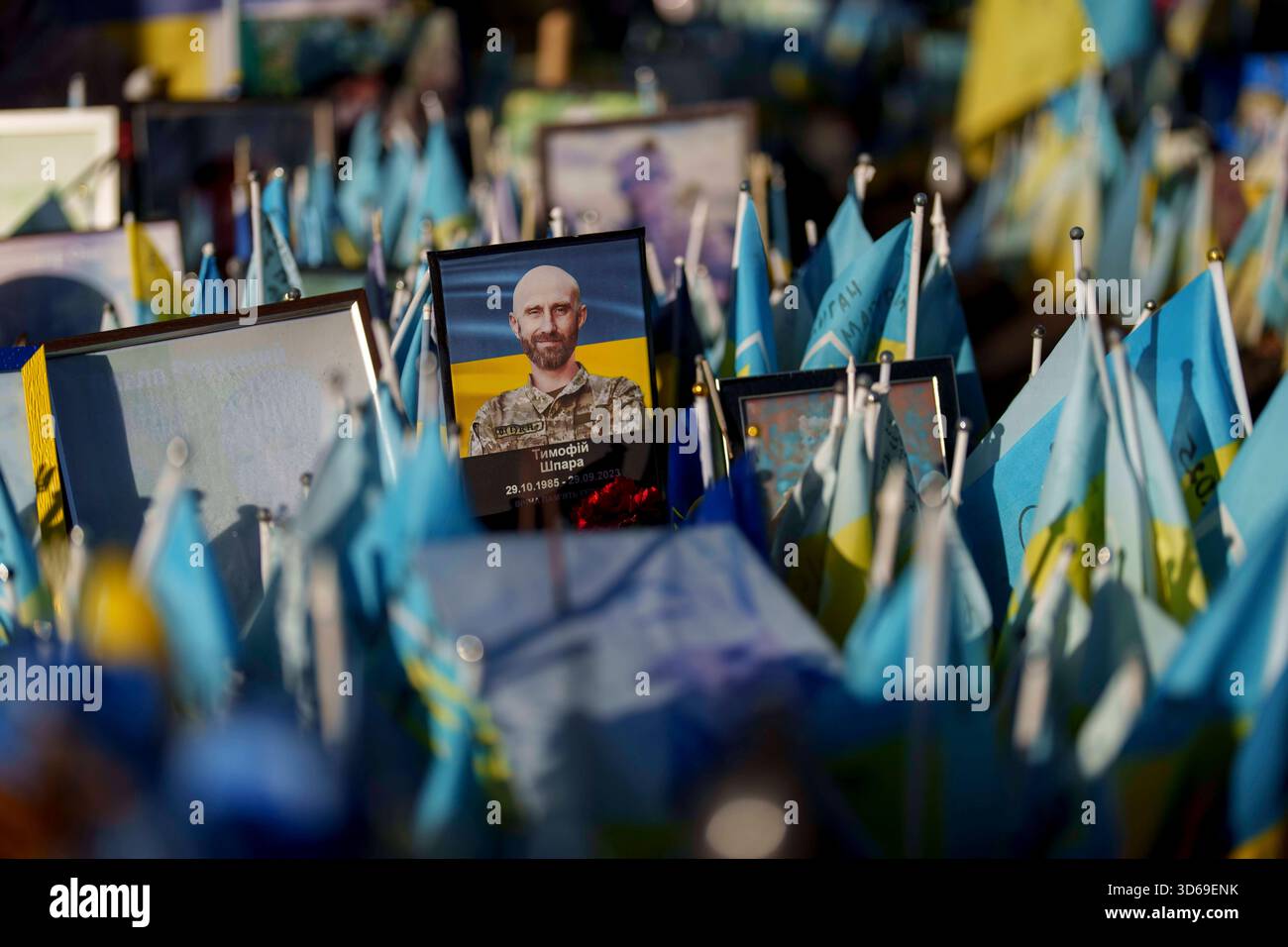 A portrait of a fallen soldier among many flags at Independence Square ...
