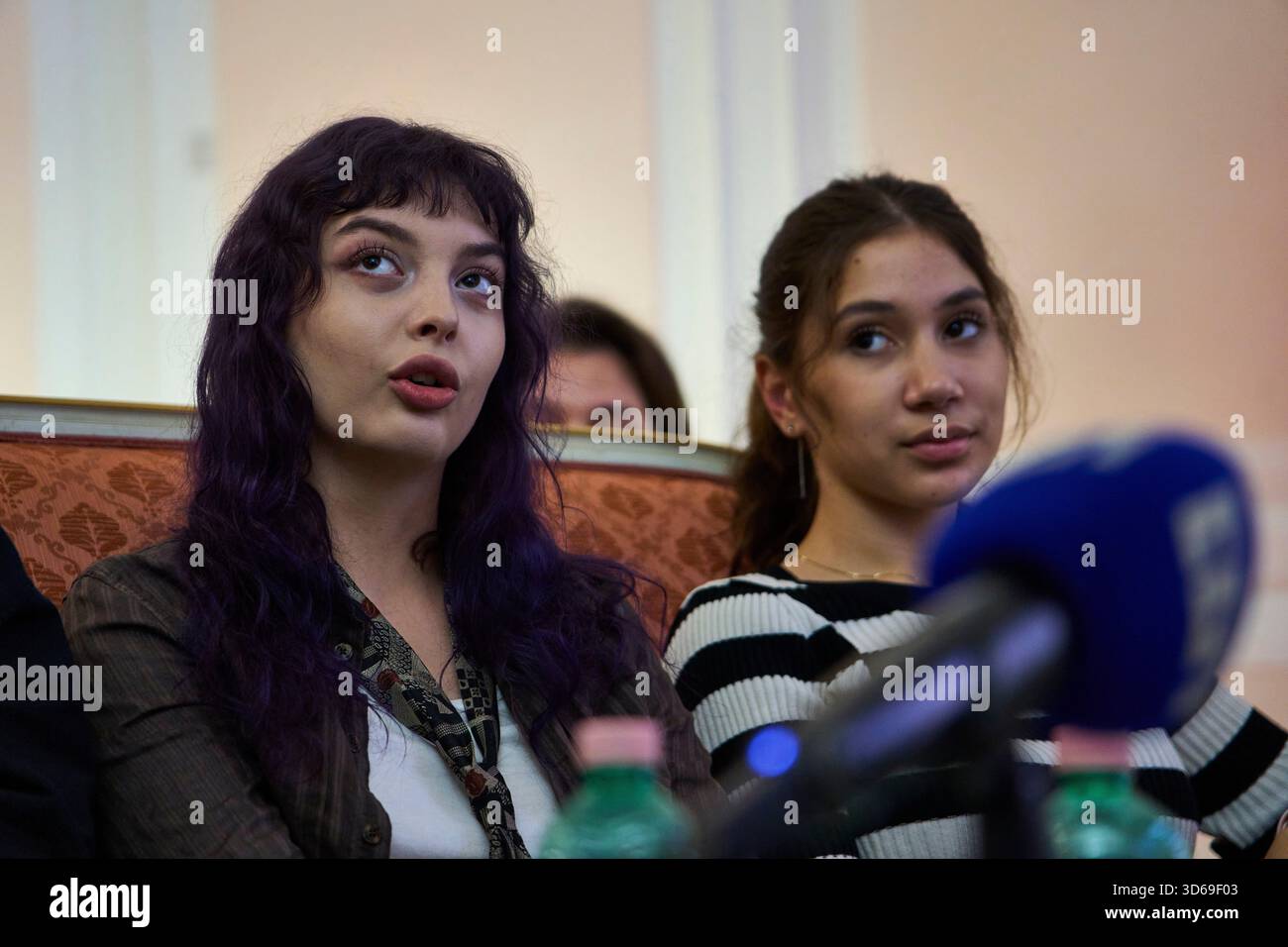 Marta Hlazkova, left, and Veronika Vlasova attend a press conference on ...