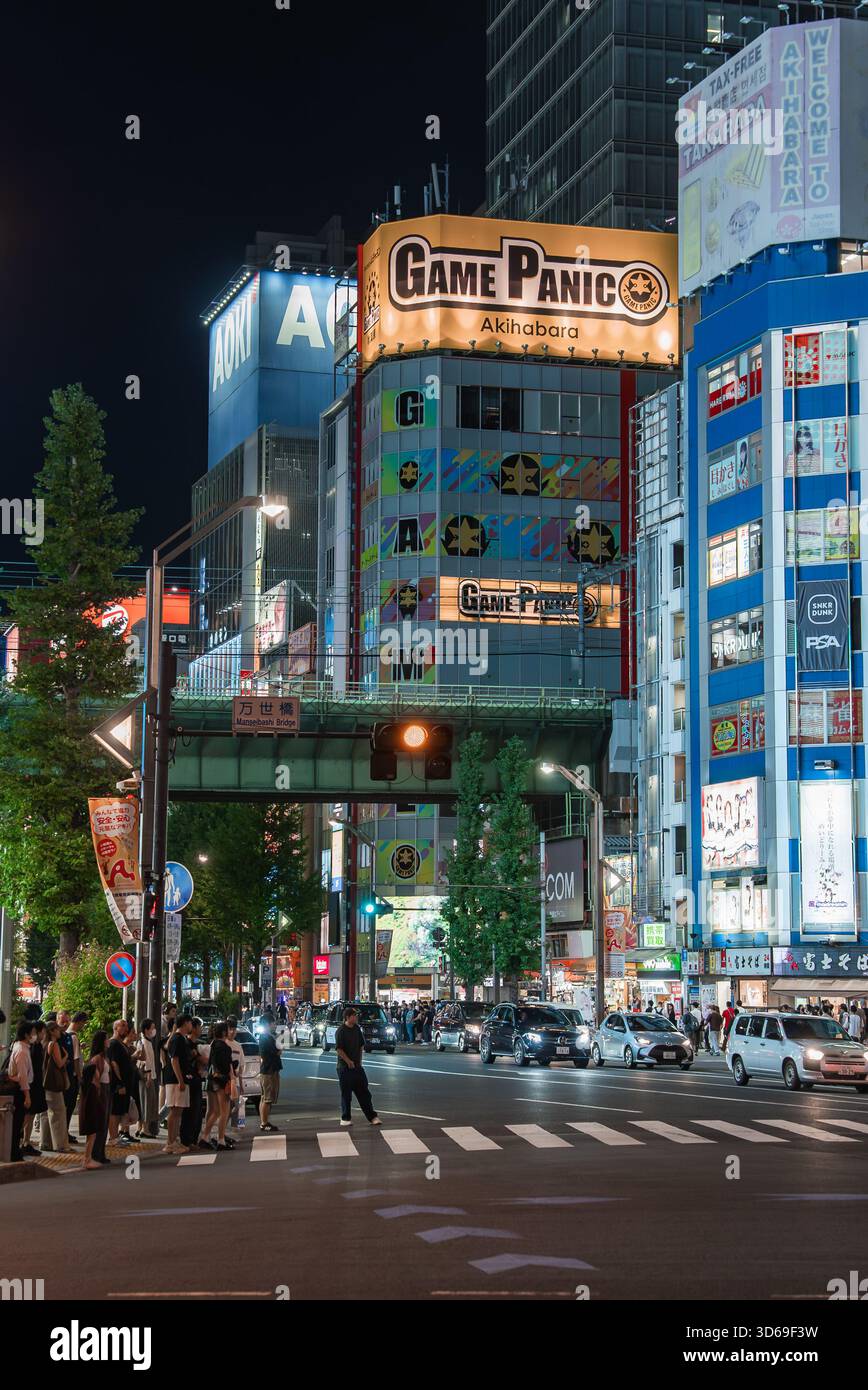 Night crowd at Game Panic Akihabara sign and rail line in Tokyo Stock ...