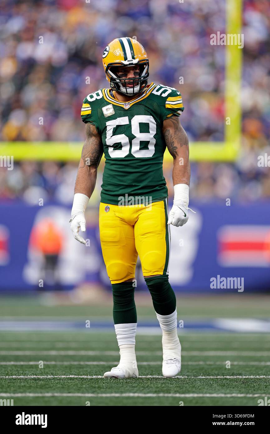 Green Bay Packers linebacker Isaiah McDuffie (58) defends during an NFL ...