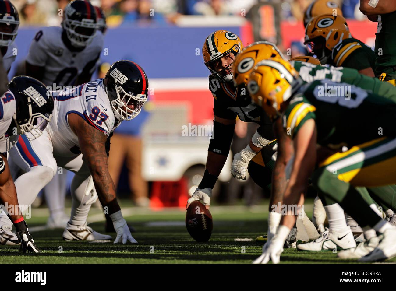 Green Bay Packers guard Sean Rhyan (75) at the line of scrimmage during ...