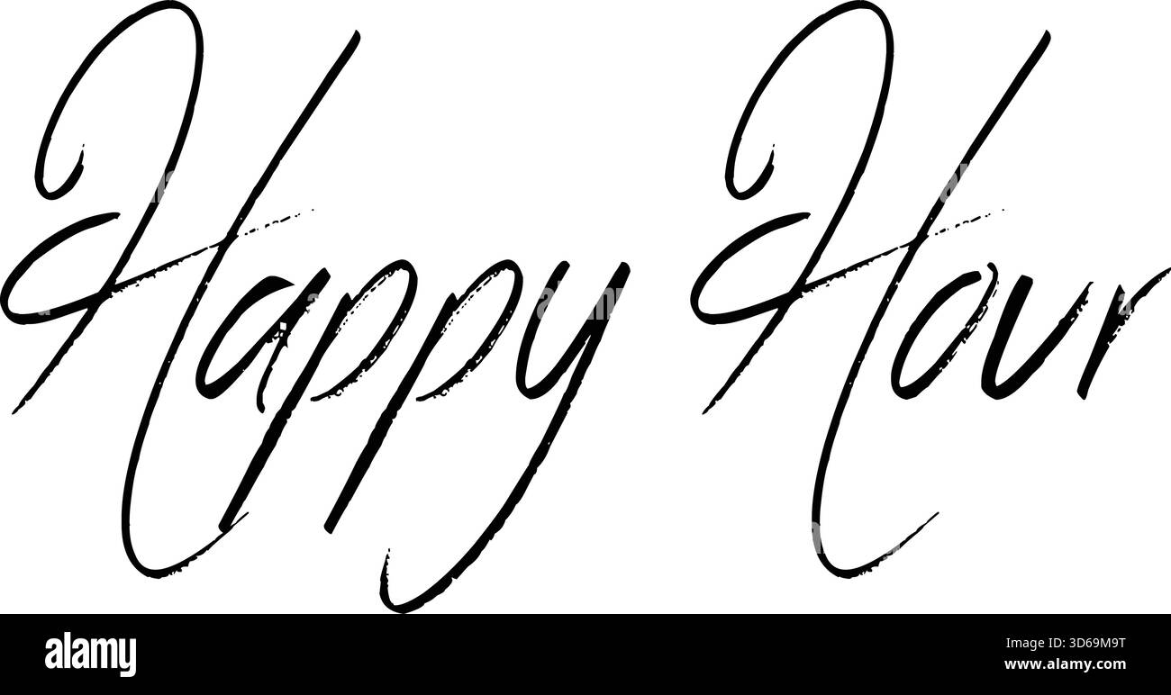 Happy hour text handwritten in a calligraphic script on a white ...