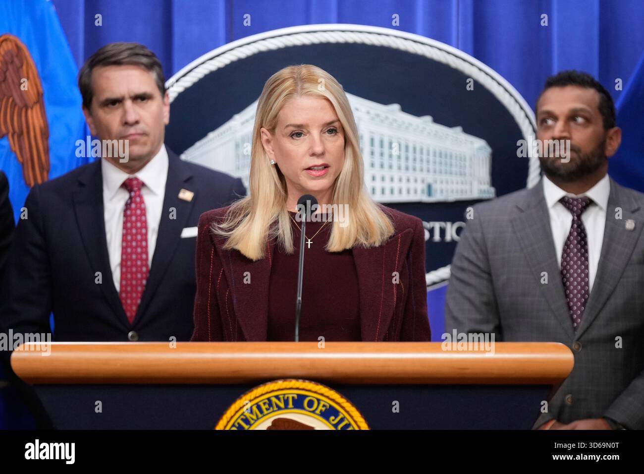 Attorney General Pam Bondi speaks with reporters during a news ...