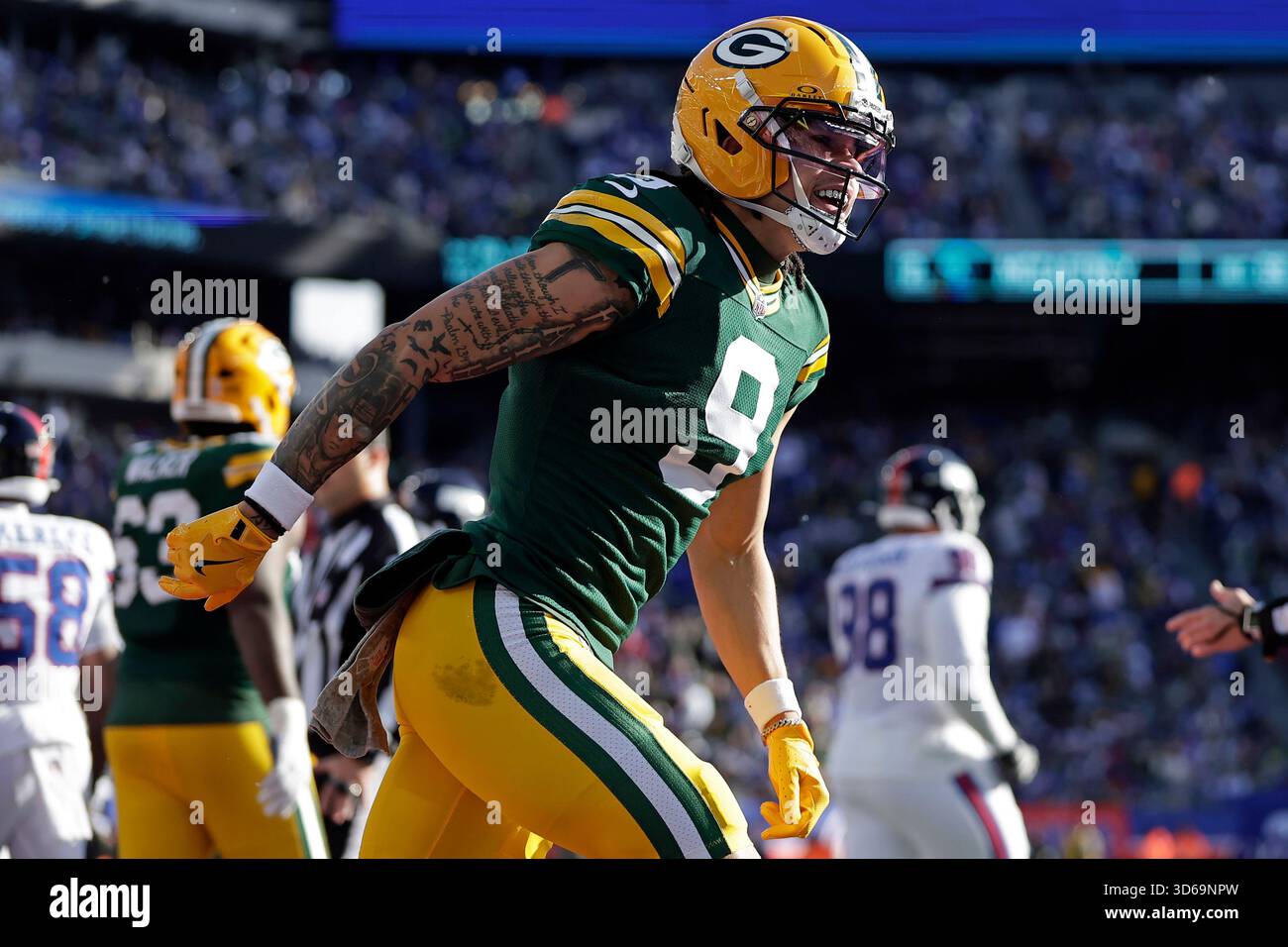 Green Bay Packers wide receiver Christian Watson (9) reacts after ...