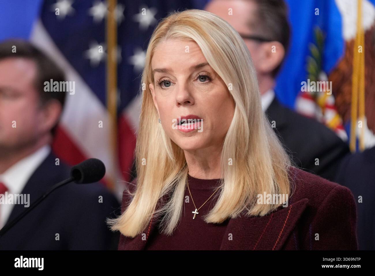 Attorney General Pam Bondi speaks with reporters during a news ...