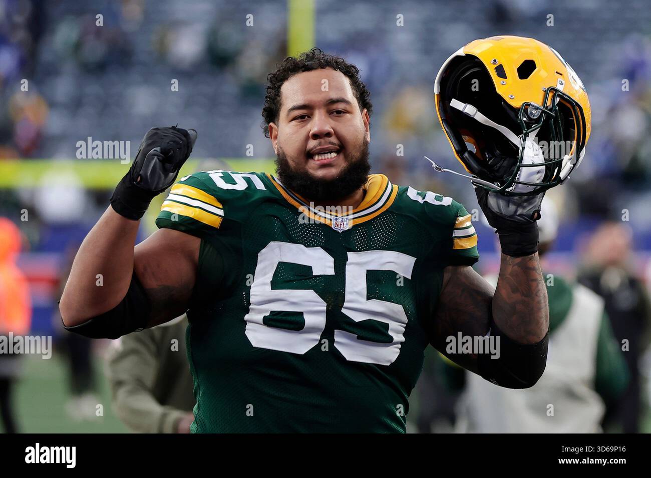 Green Bay Packers guard Aaron Banks (65) after an NFL football game ...