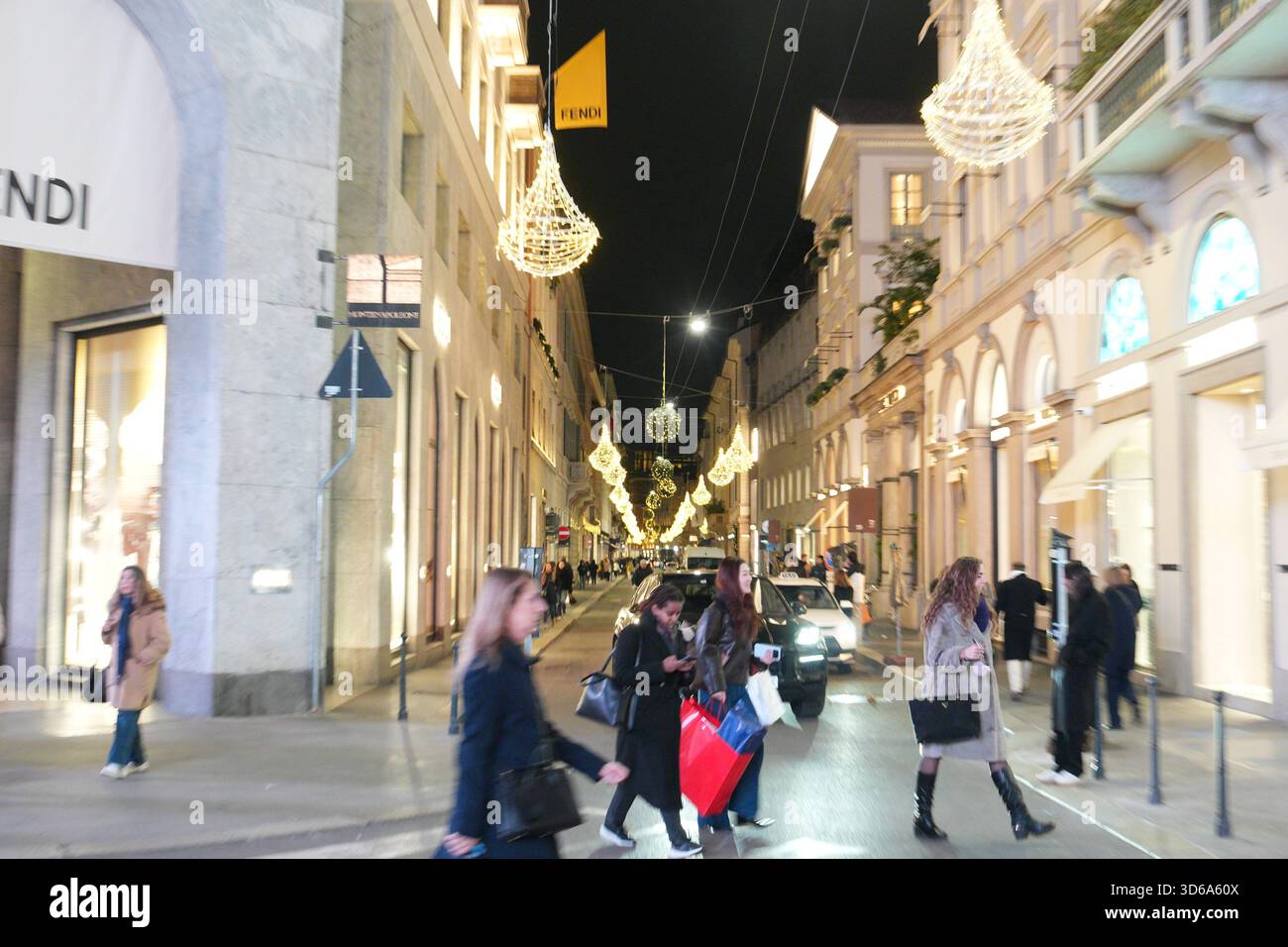 Milan, first Christmas lights in the fashion district, Via ...