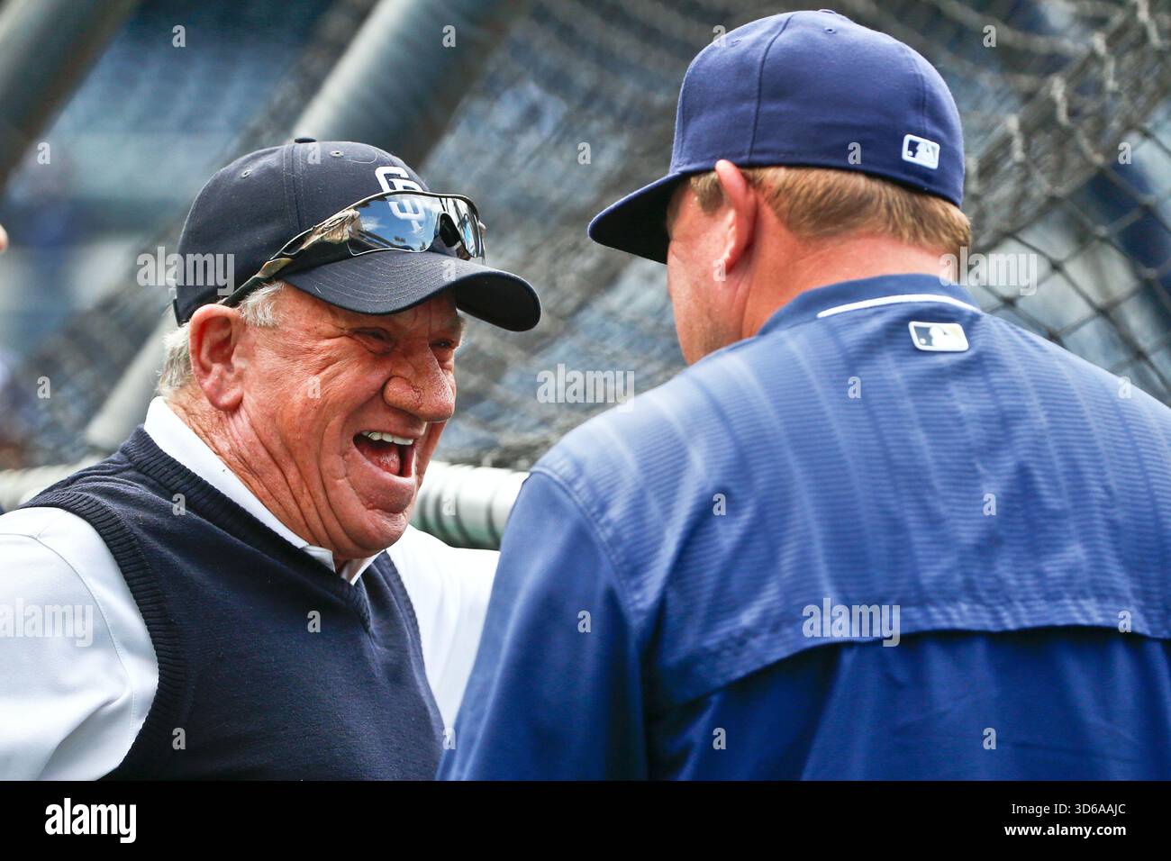 FILE - Former San Diego Padres pitcher Randy Jones, left, laughs while ...
