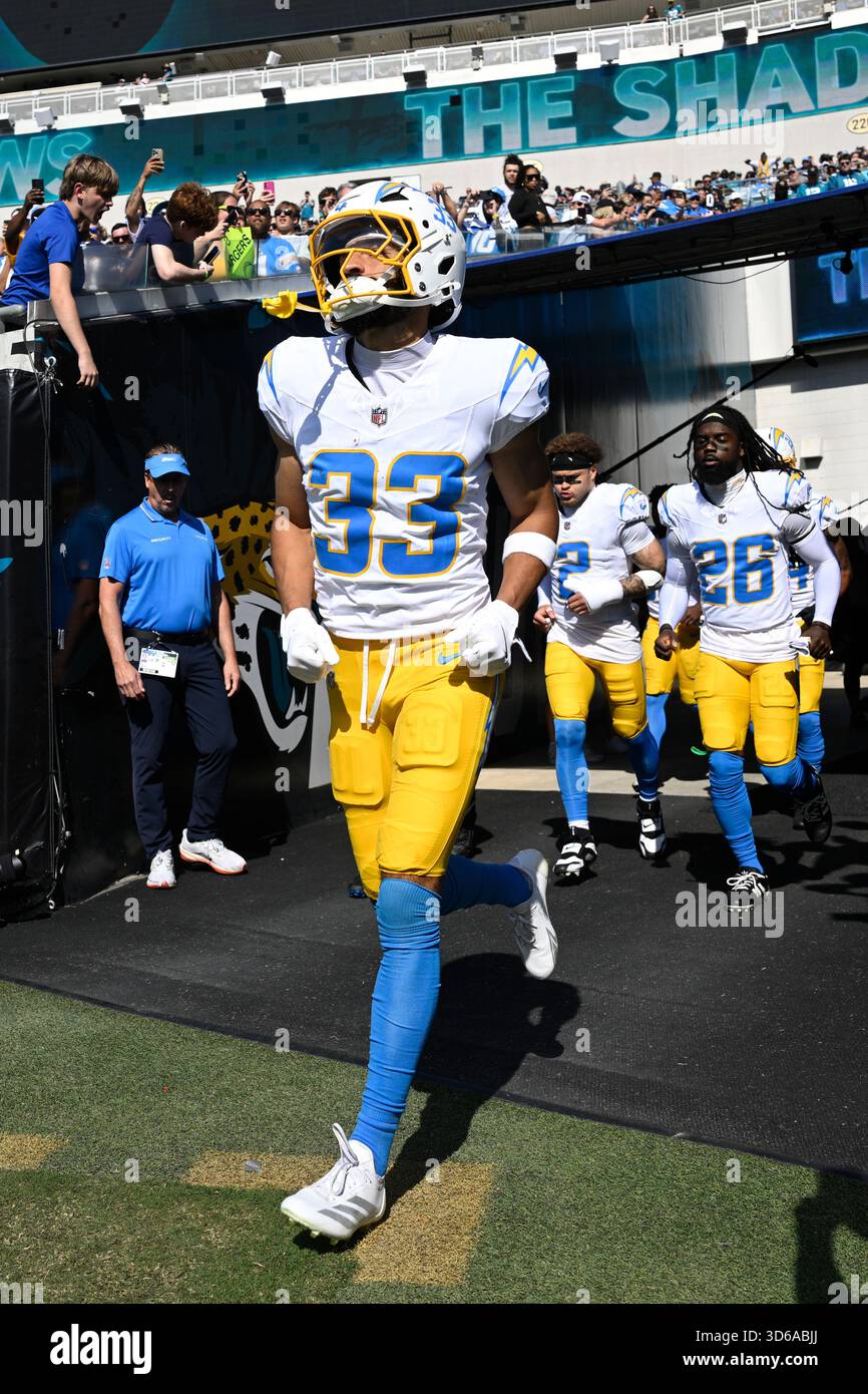 Los Angeles Chargers cornerback Deane Leonard (33) heads to the field ...