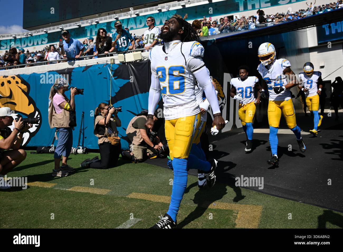 Los Angeles Chargers cornerback Donte Jackson (26) heads to the field ...