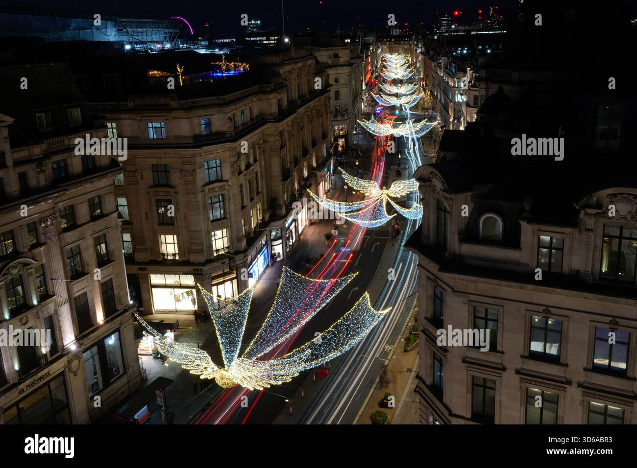 Christmas lights are displayed on Regent Street, in London, Wednesday ...