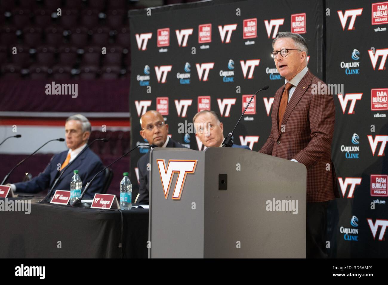 Virginia Tech President Timothy Sands speaks during an NCAA college ...