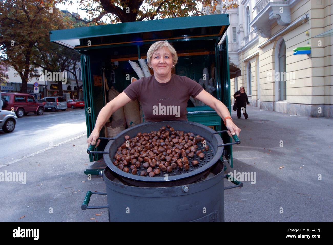 a chestnut vendor roasting chestnuts, delicious edible nuts with brown ...