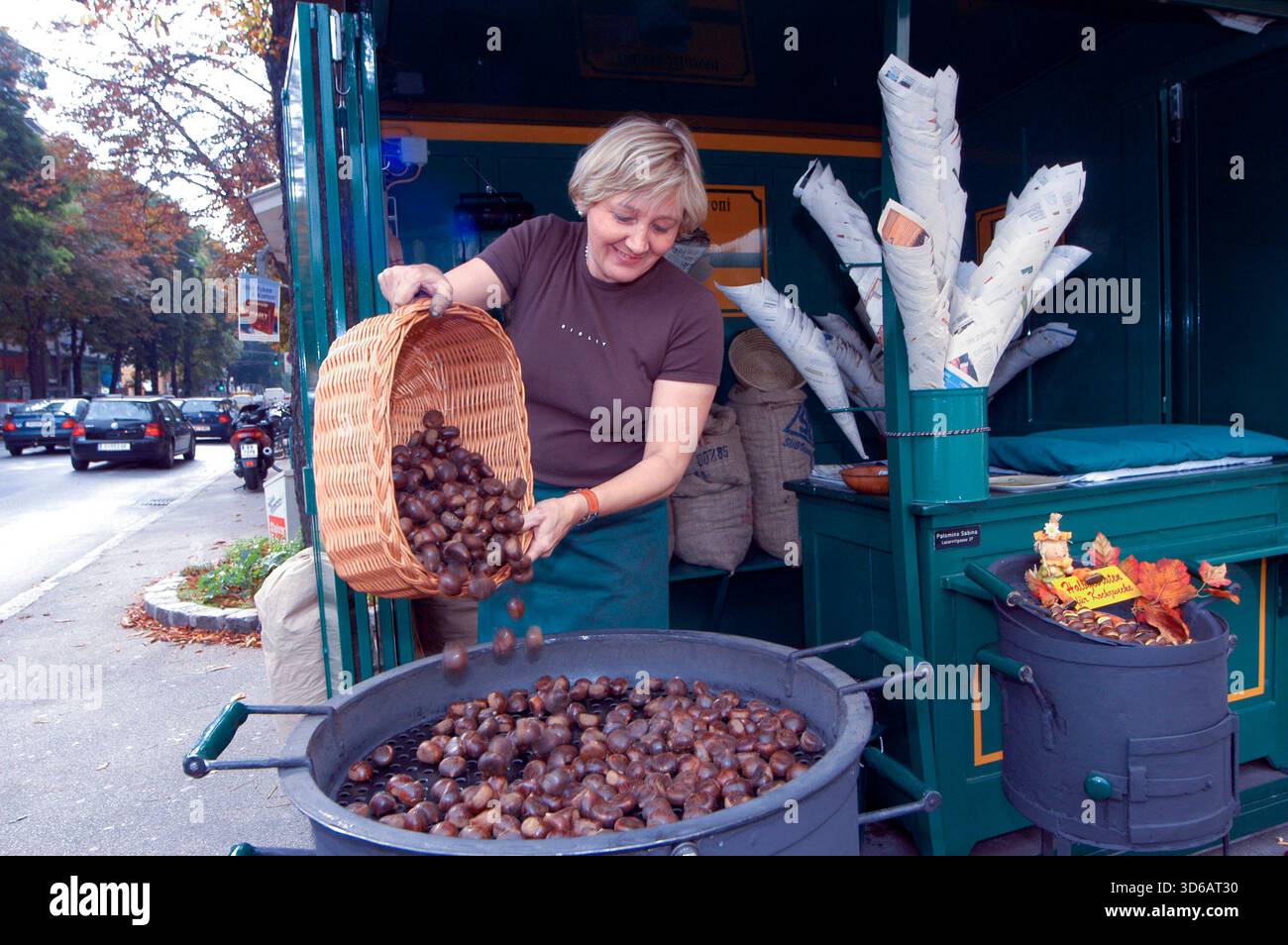 a chestnut vendor roasting chestnuts, delicious edible nuts with brown ...