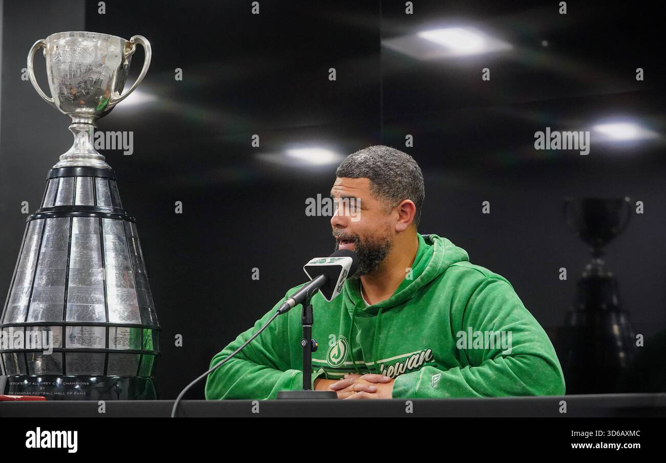 Saskatchewan Roughriders head coach Corey Mace speaks during a end-of ...