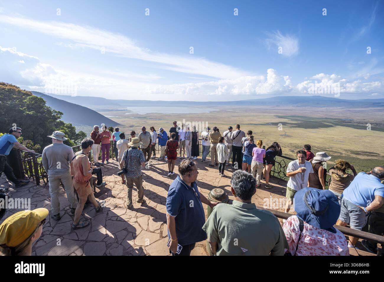 Tourists on the Crater Viewpoint observation deck, view of Ngorongoro ...