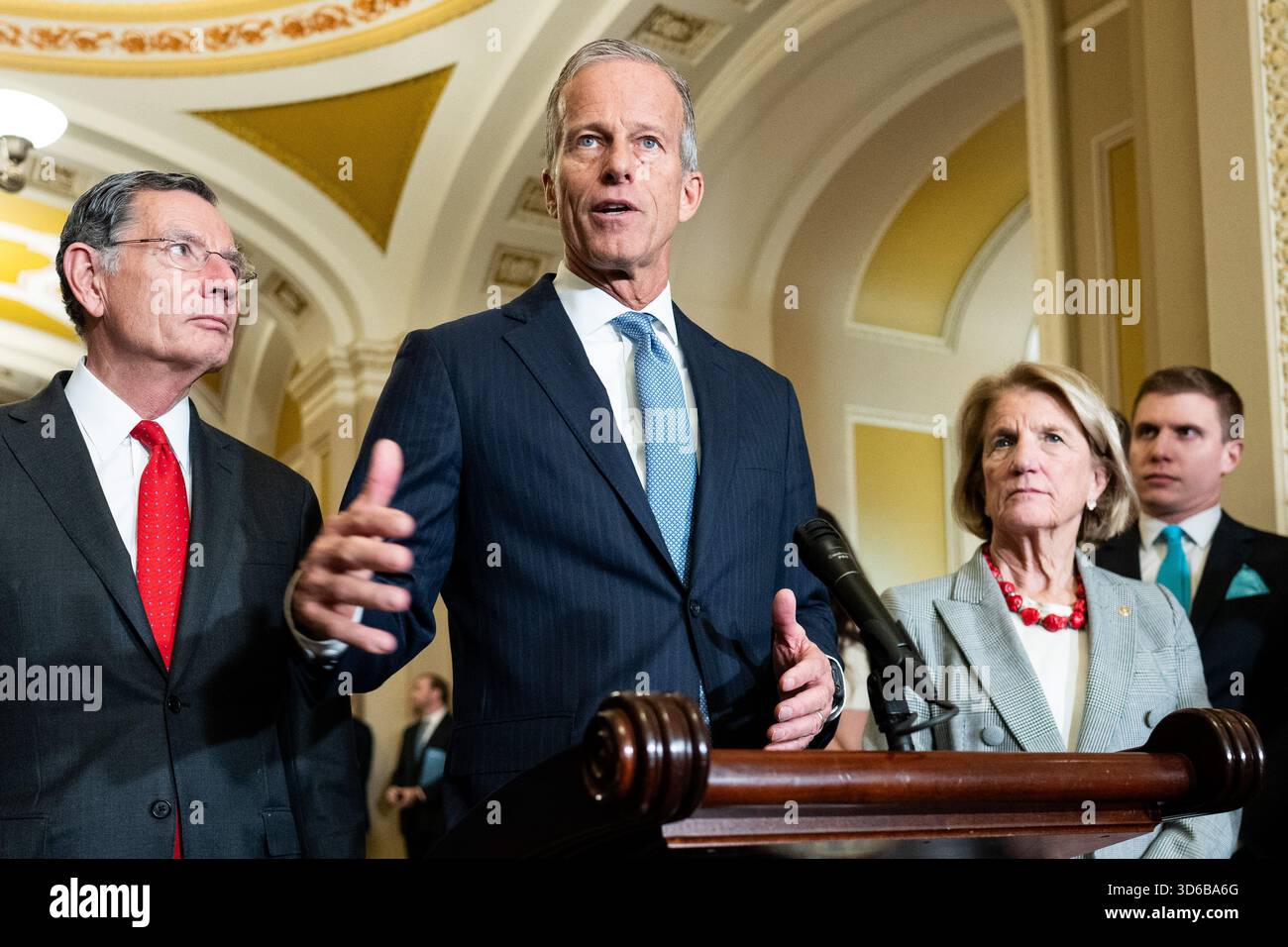 Senate Majority Leader John Thune (R-SD) speaking at a press conference ...