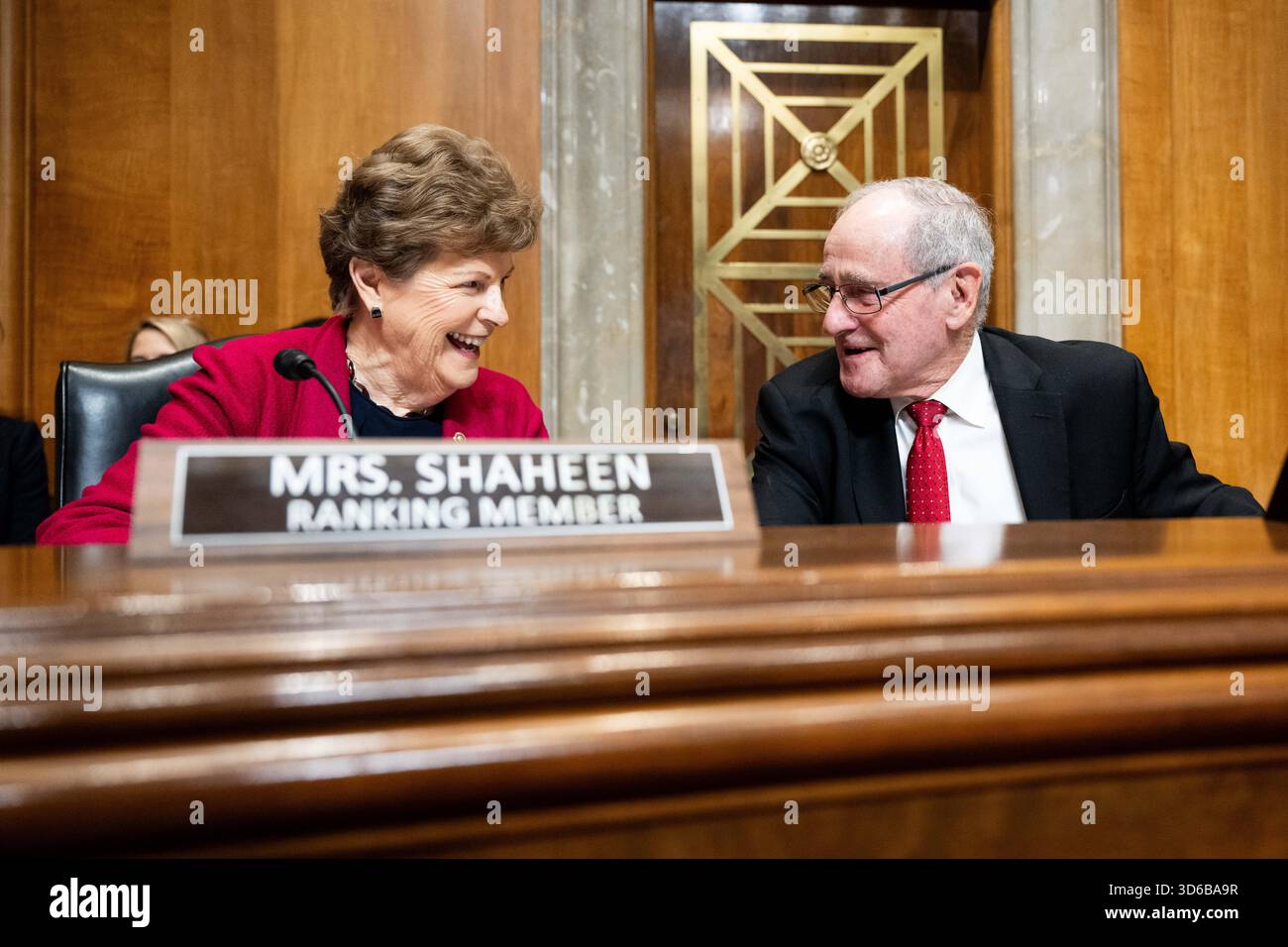 U.S. Senator Jeanne Shaheen (D-NH) speaking with U.S. Senator James Risch (R-ID) at a hearing of ...