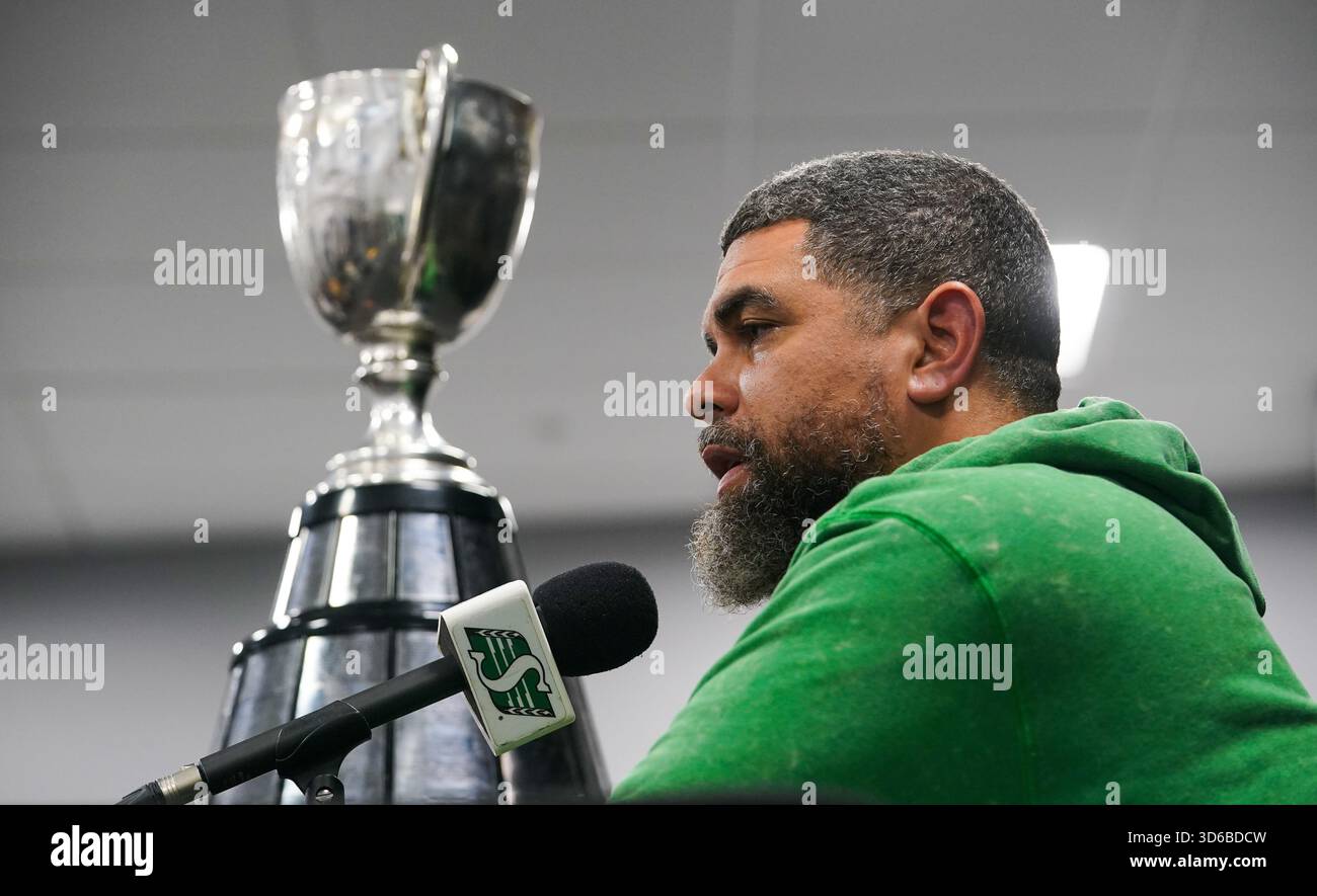 Saskatchewan Roughriders head coach Corey Mace speaks during a end-of ...