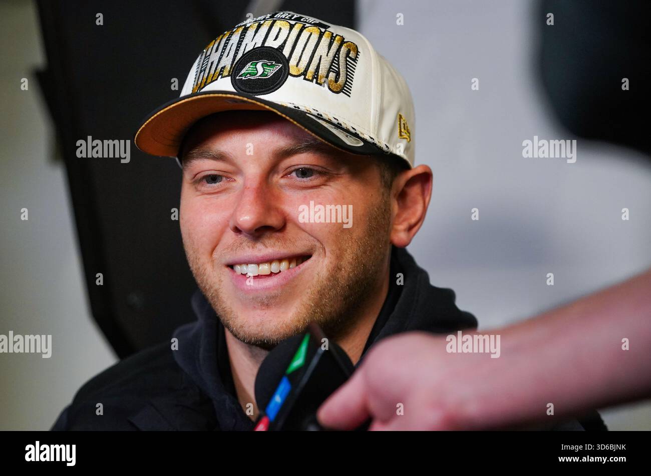 Saskatchewan Roughriders kicker Brett Lauther looks on while speaking ...