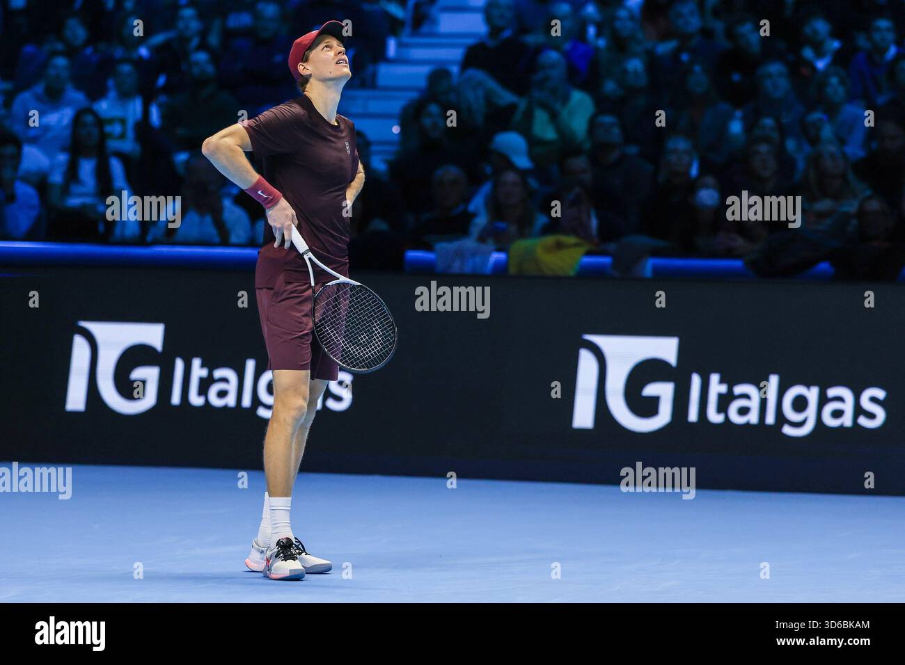 Jannik Sinner of Italy looks on during Men's Singles Group Stage match against Ben Shelton of ...