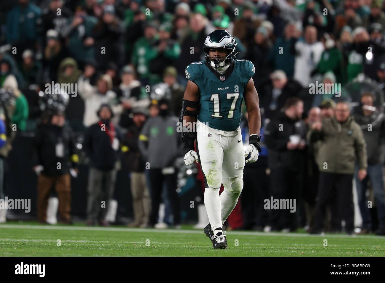 Philadelphia Eagles linebacker Nakobe Dean (17) looks on between plays ...