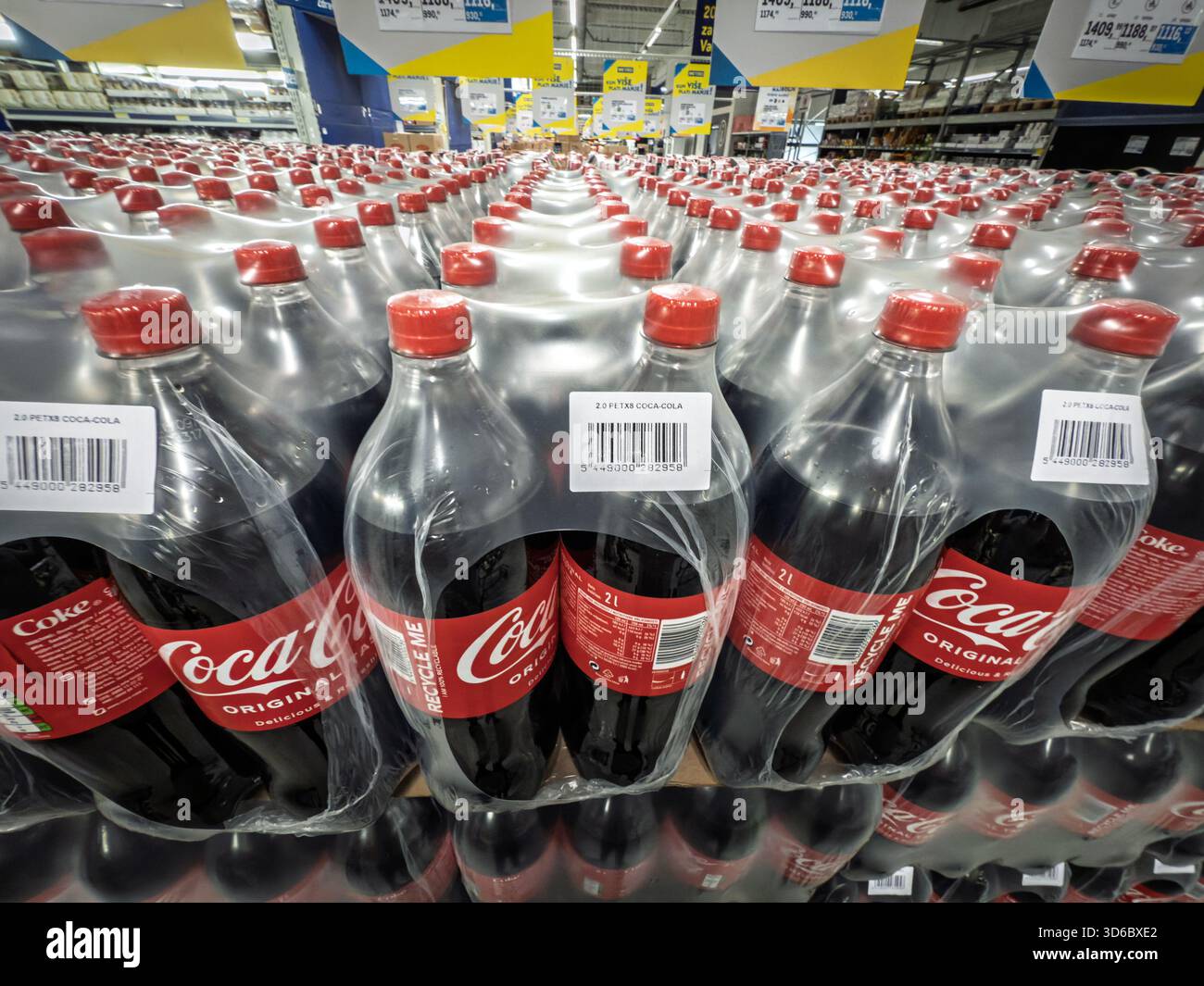 BELGRADE, SERBIA - MAY 4, 2025: Rows of Coca Cola plastic bottles ...