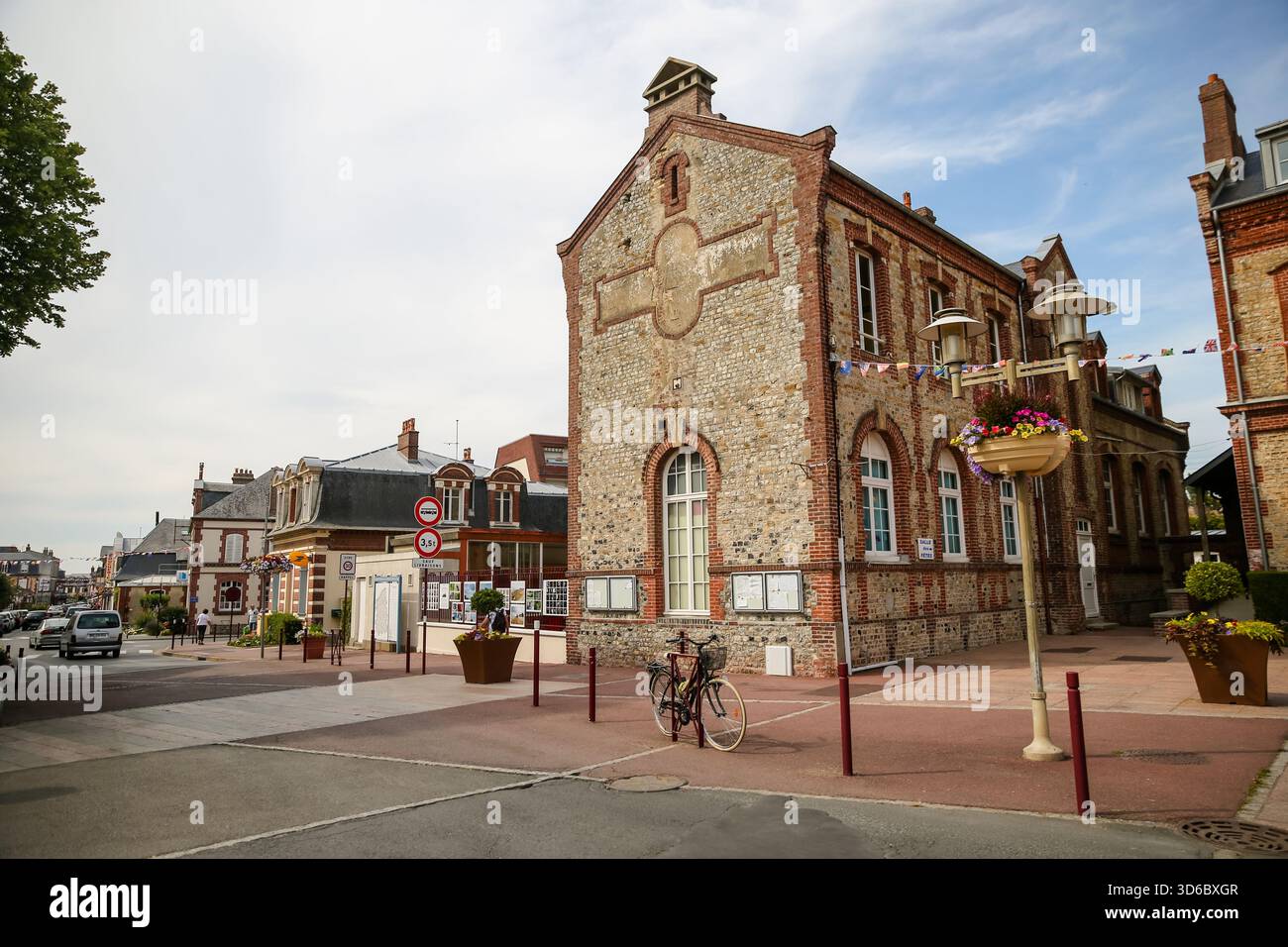 Ornate historic town hall and civic square architecture in a Normandy ...