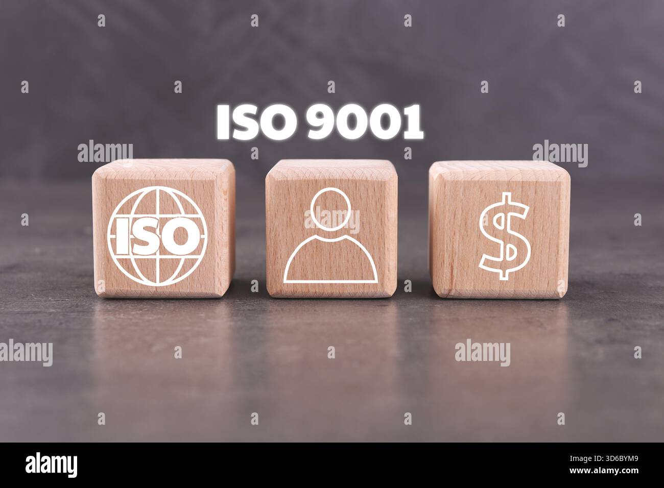 ISO 9001 Quality management systems. Wooden cubes with different icons ...