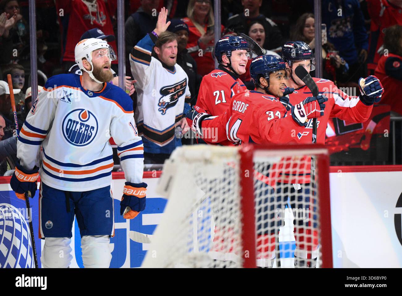Washington Capitals center Aliaksei Protas (21) celebrates his goal ...