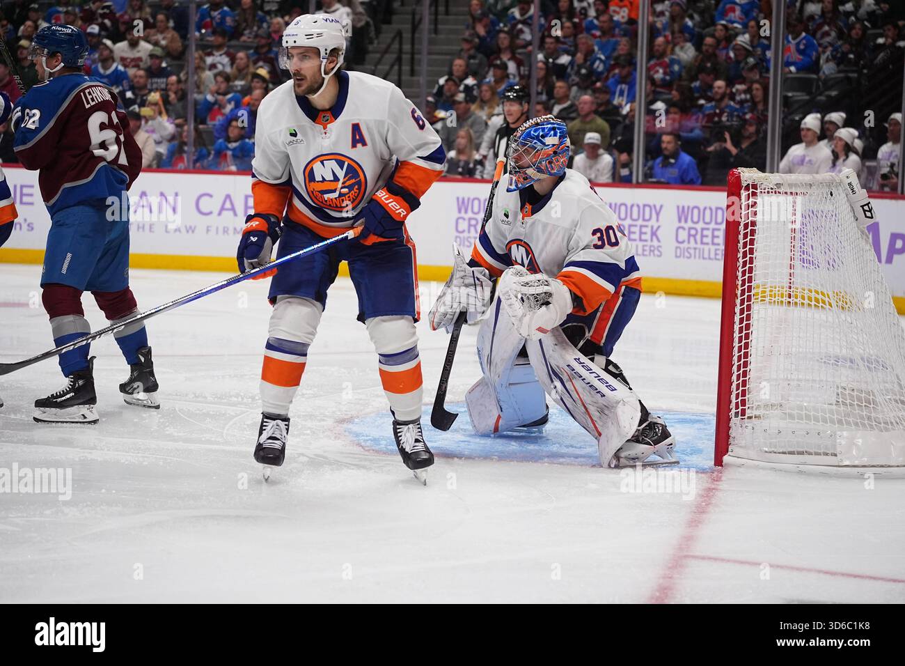New York Islanders defenseman Ryan Pulock (6) and goaltender Ilya Sorokin (30) in the third ...