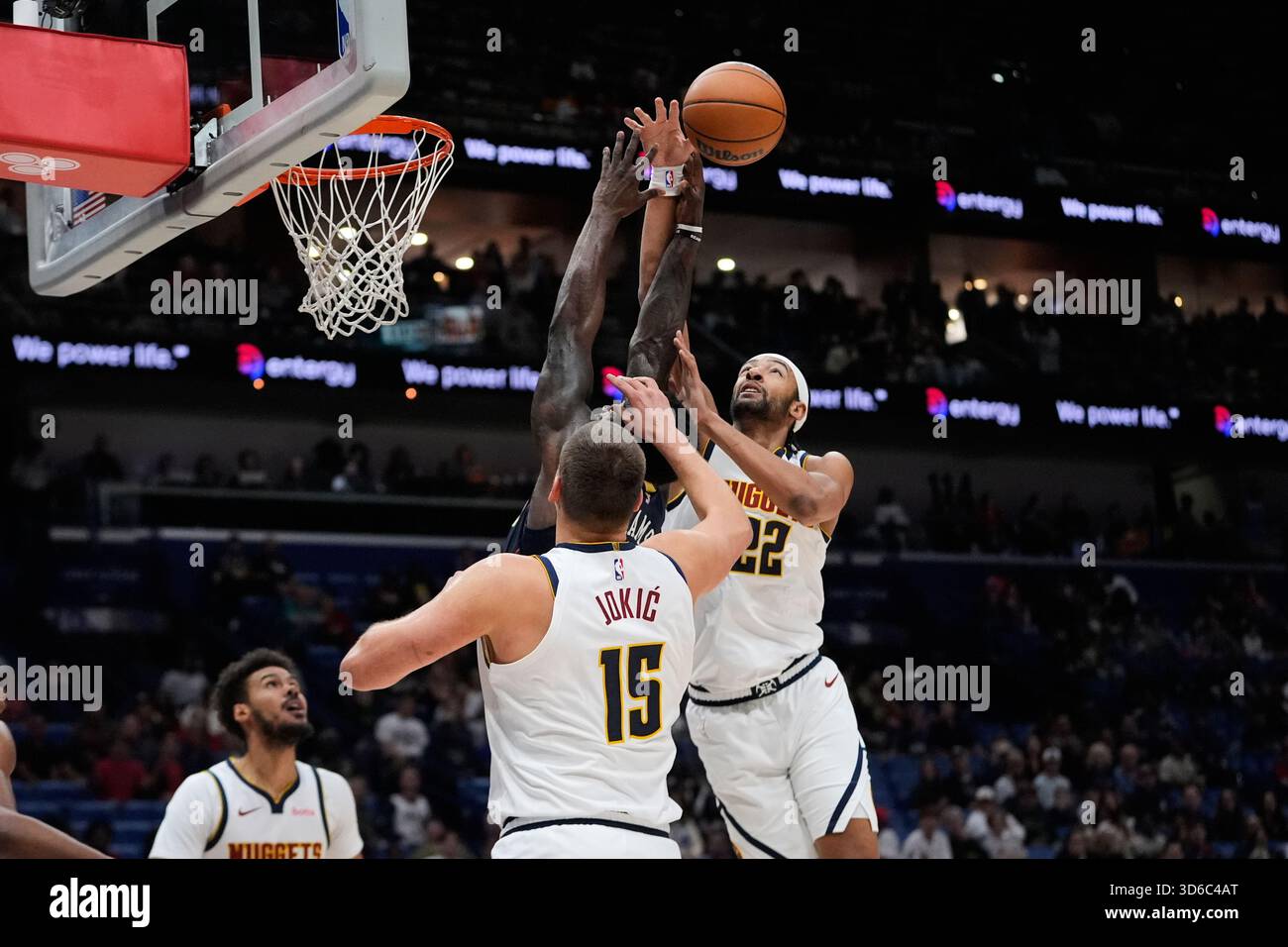 Denver Nuggets forward Zeke Nnaji (22) blocks a shot by New Orleans ...