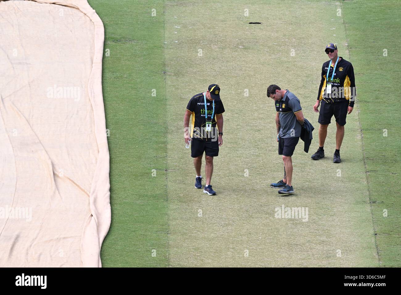 West Australian Head Curator Isaac McDonald (centre) inspects the pitch ...