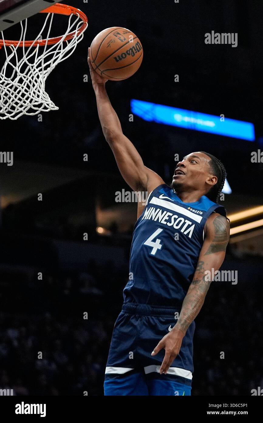 Minnesota Timberwolves guard Rob Dillingham goes up for a shot during ...