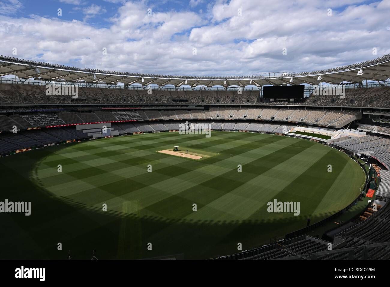 A general view as Head Curator Isaac McDonald rolls the pitch ahead of ...