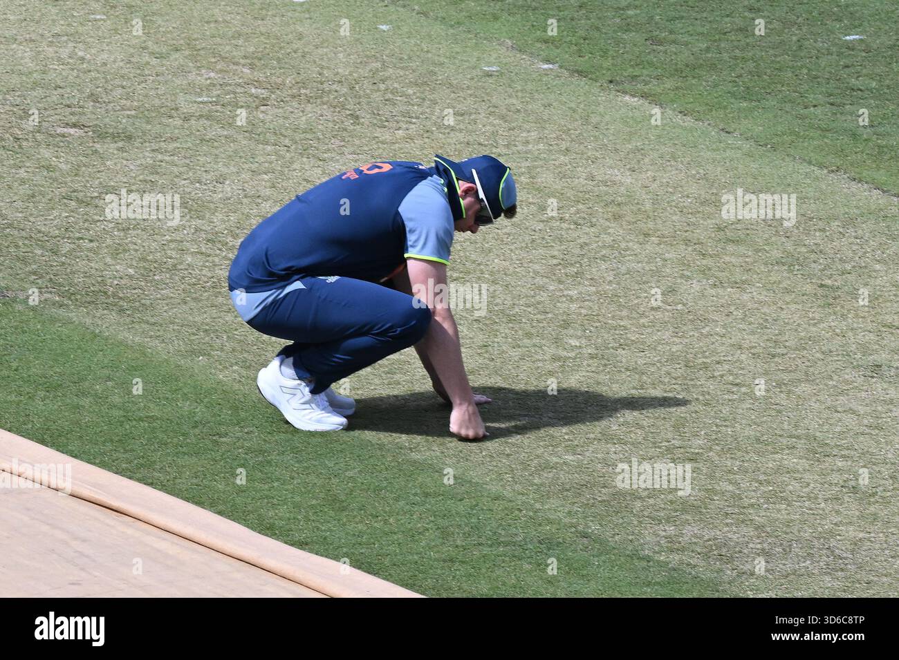 Steve Smith inspects the pitch ahead of the first Ashes Test at Perth ...
