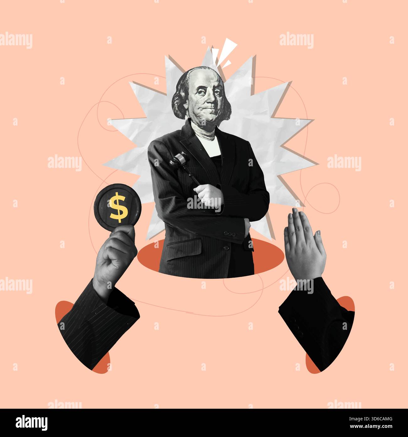 Justice personified with a gavel and money symbolizing law. Vector ...