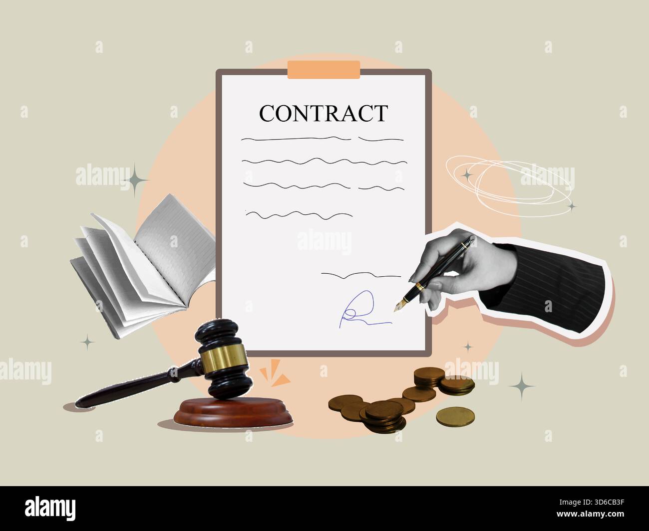 A Vector illustration depicting a contract signing scene with a gavel ...