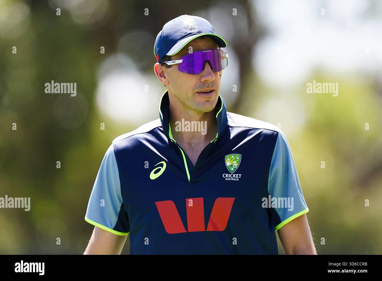 Australia's Pat Cummins looks on during a nets session at the Optus ...