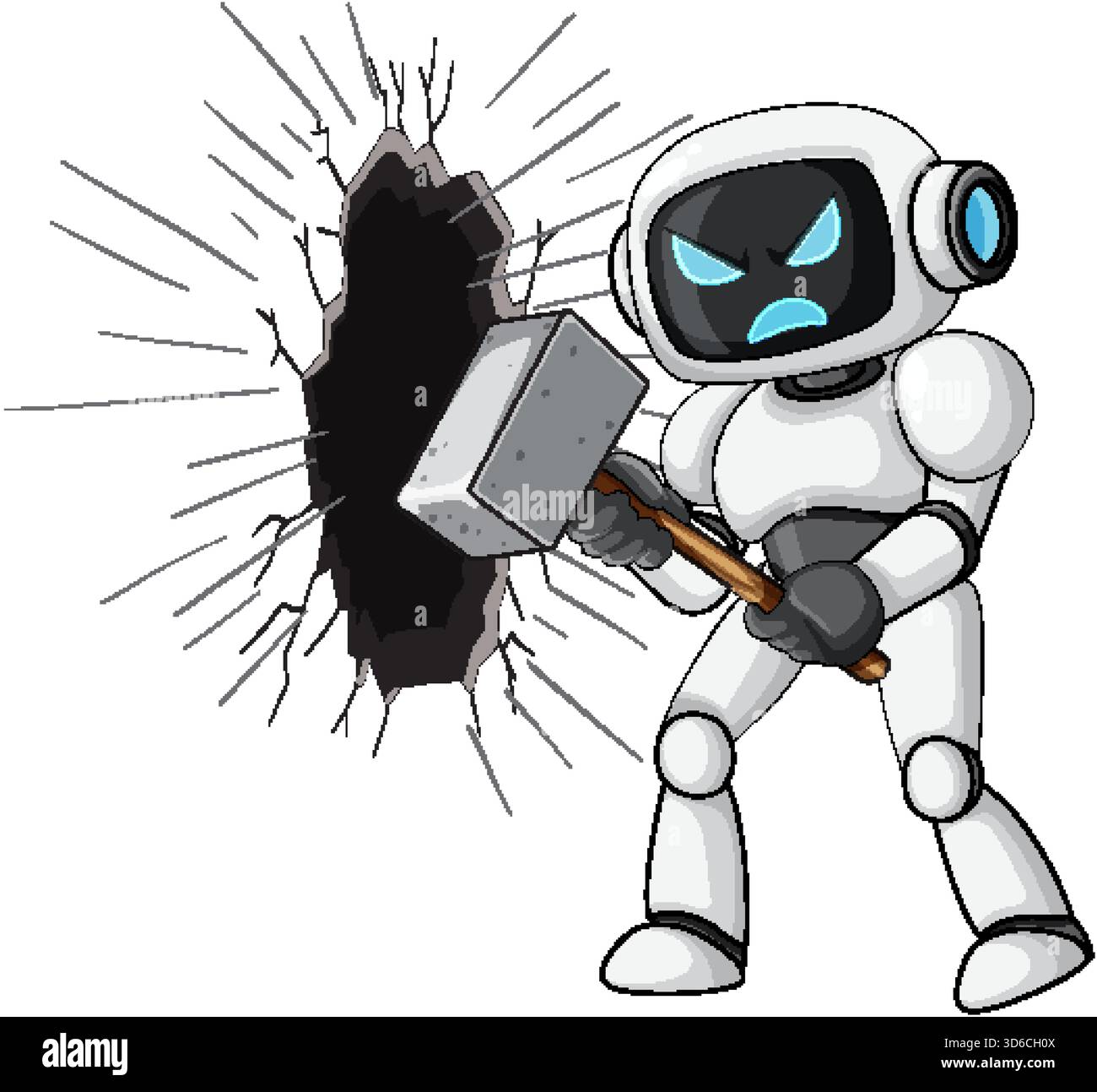 Cartoon robot breaks wall using sledgehammer, bold lines, white ...