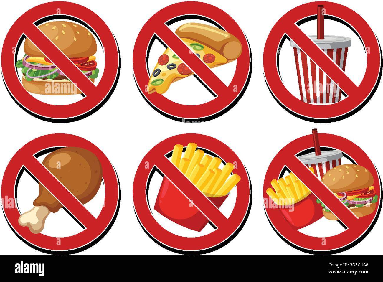 Flat vector of fast food items in red prohibition signs, bold colors ...
