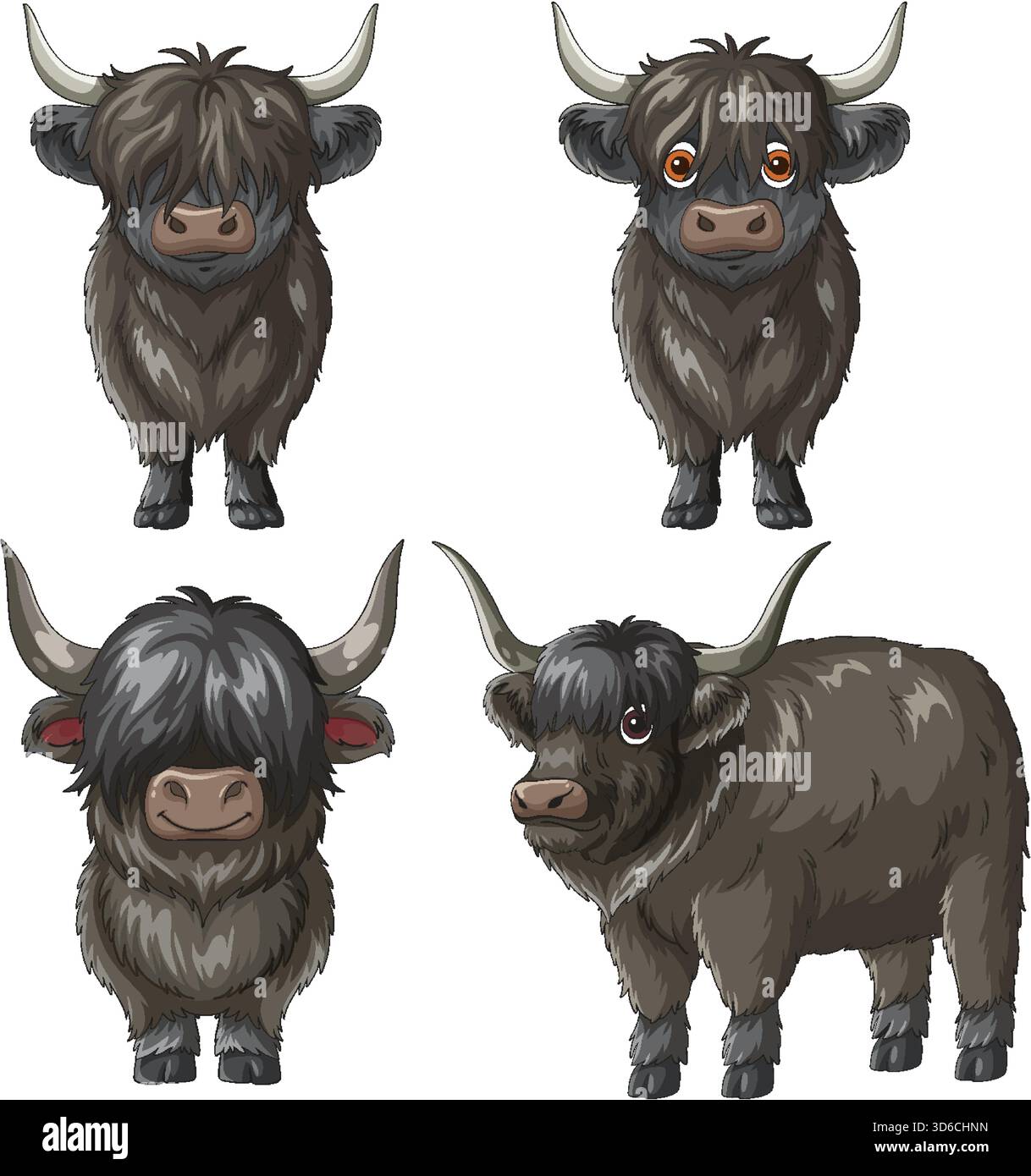 Cute vector illustration of four shaggy Highland cattle with large ...