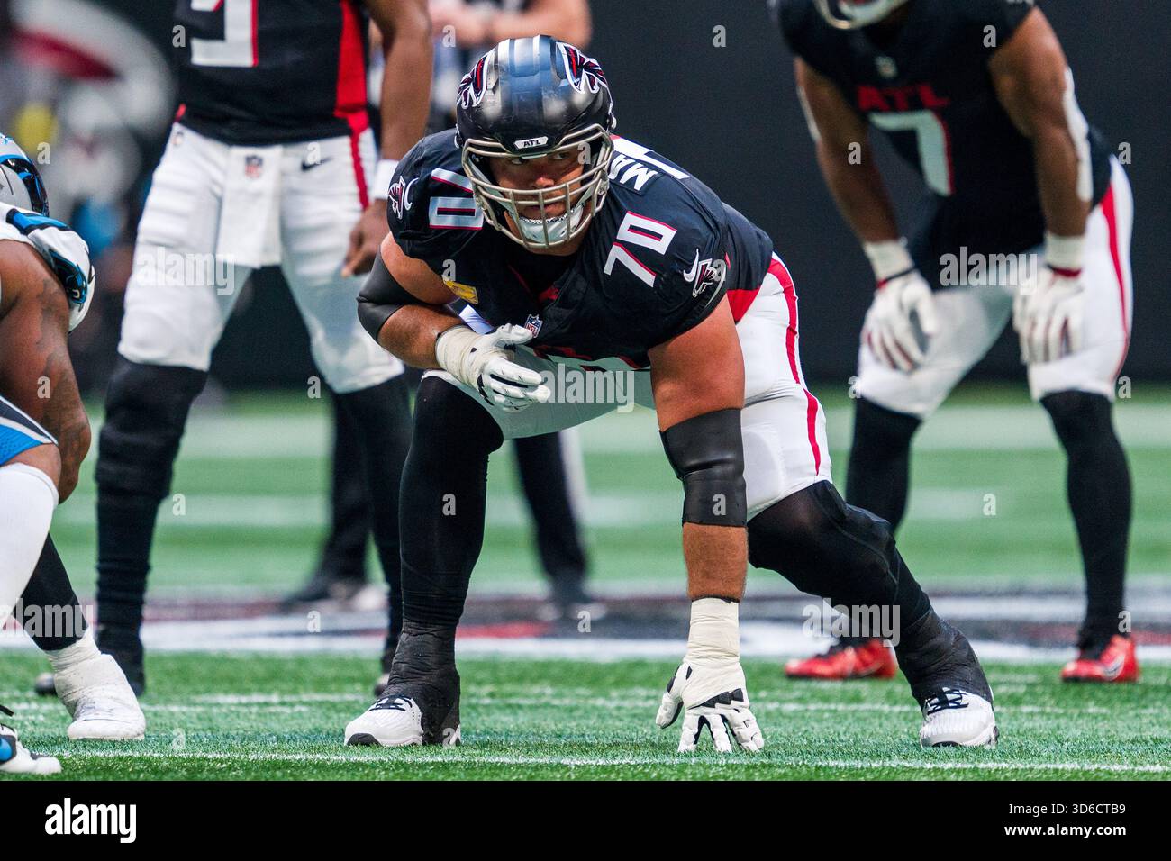 Atlanta Falcons offensive tackle Jake Matthews (70) lines up during the ...