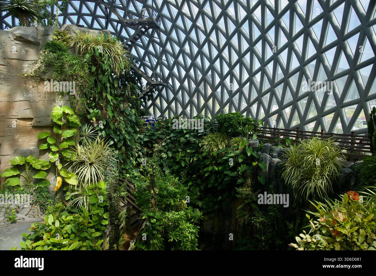 Rock walls and layered plantings rise beside the Jungle Dome’s large ...