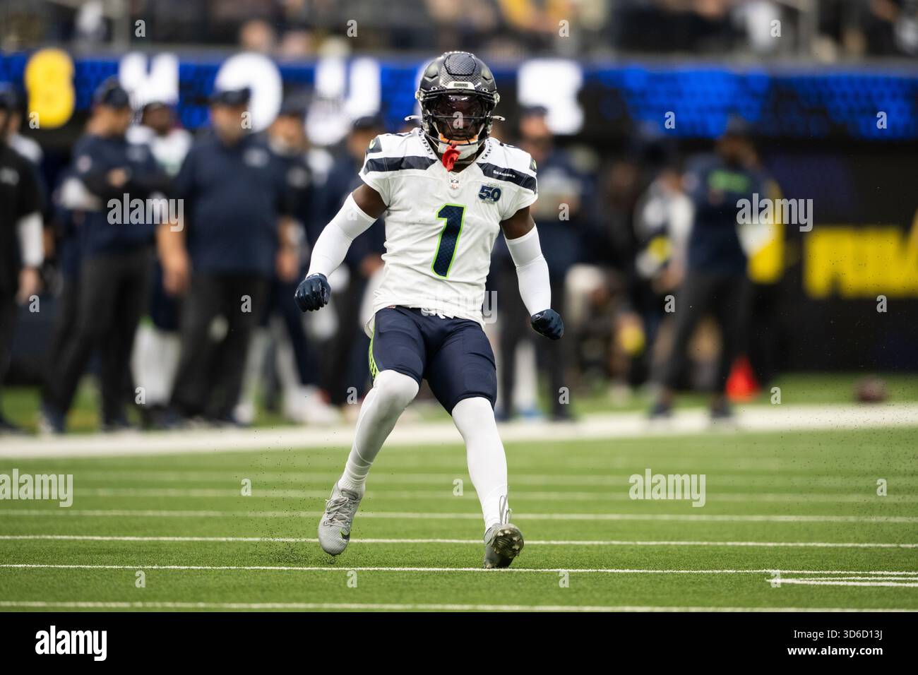 Seattle Seahawks cornerback Derion Kendrick (1) runs during an NFL football game against the Los ...