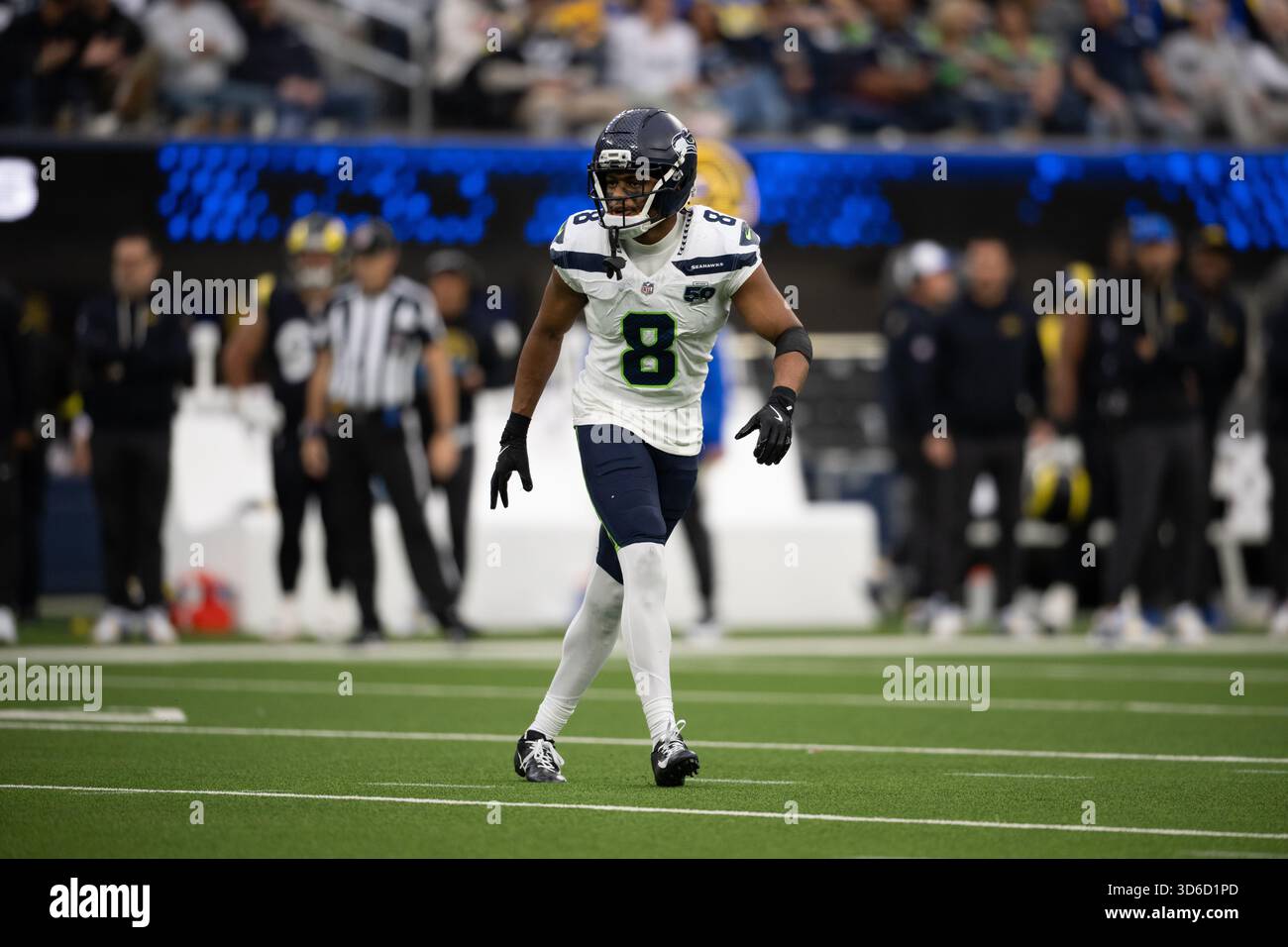 Seattle Seahawks safety Coby Bryant (8) takes his stance during an NFL ...
