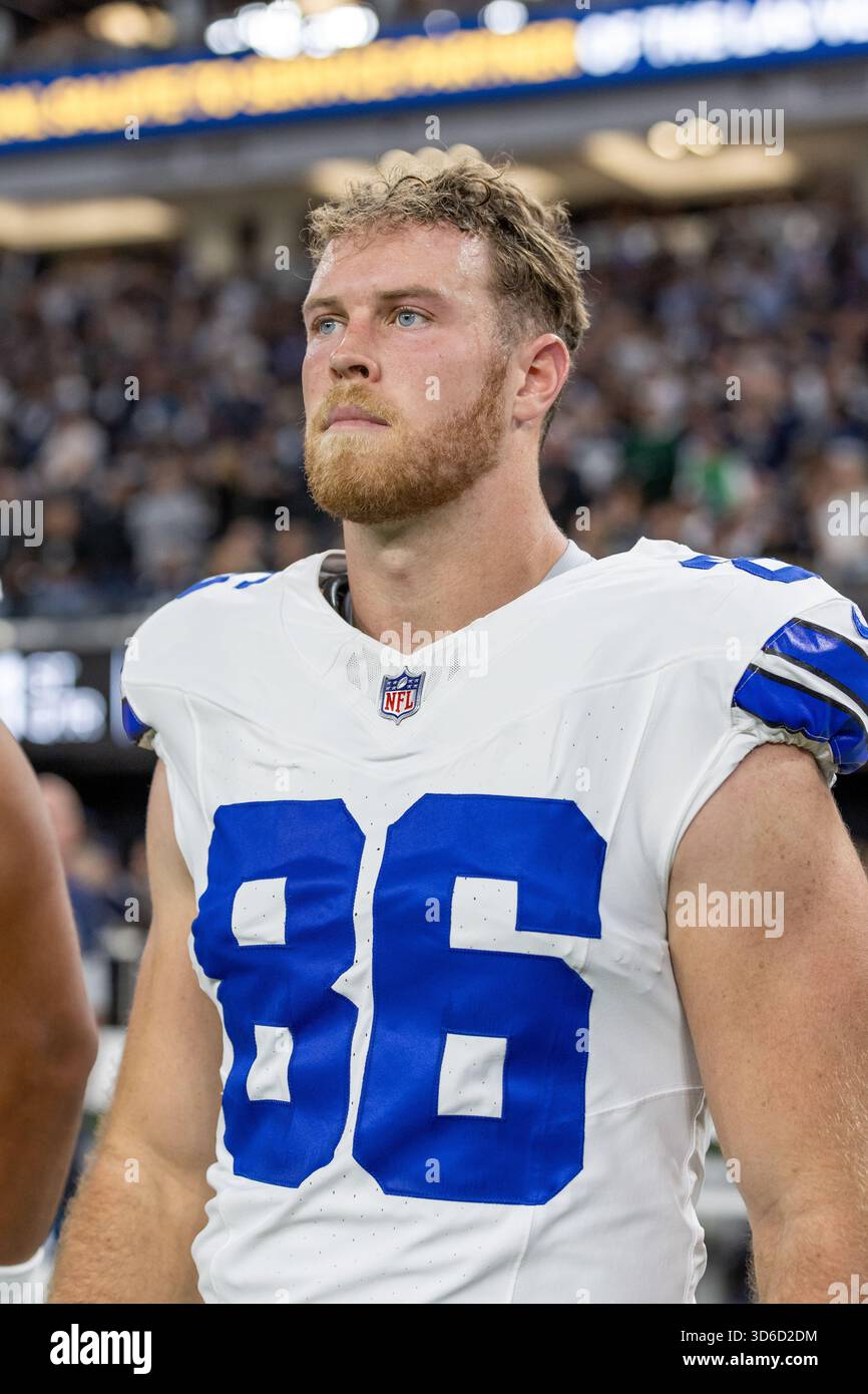 Dallas Cowboys tight end Luke Schoomaker (86) stands for the national ...
