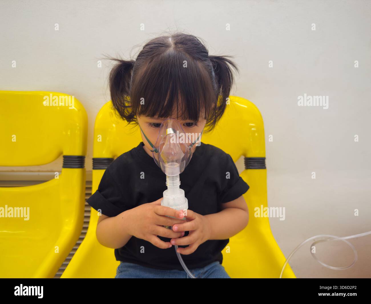 sick toddler baby girl using steam inhaler with nebulizer mask ...