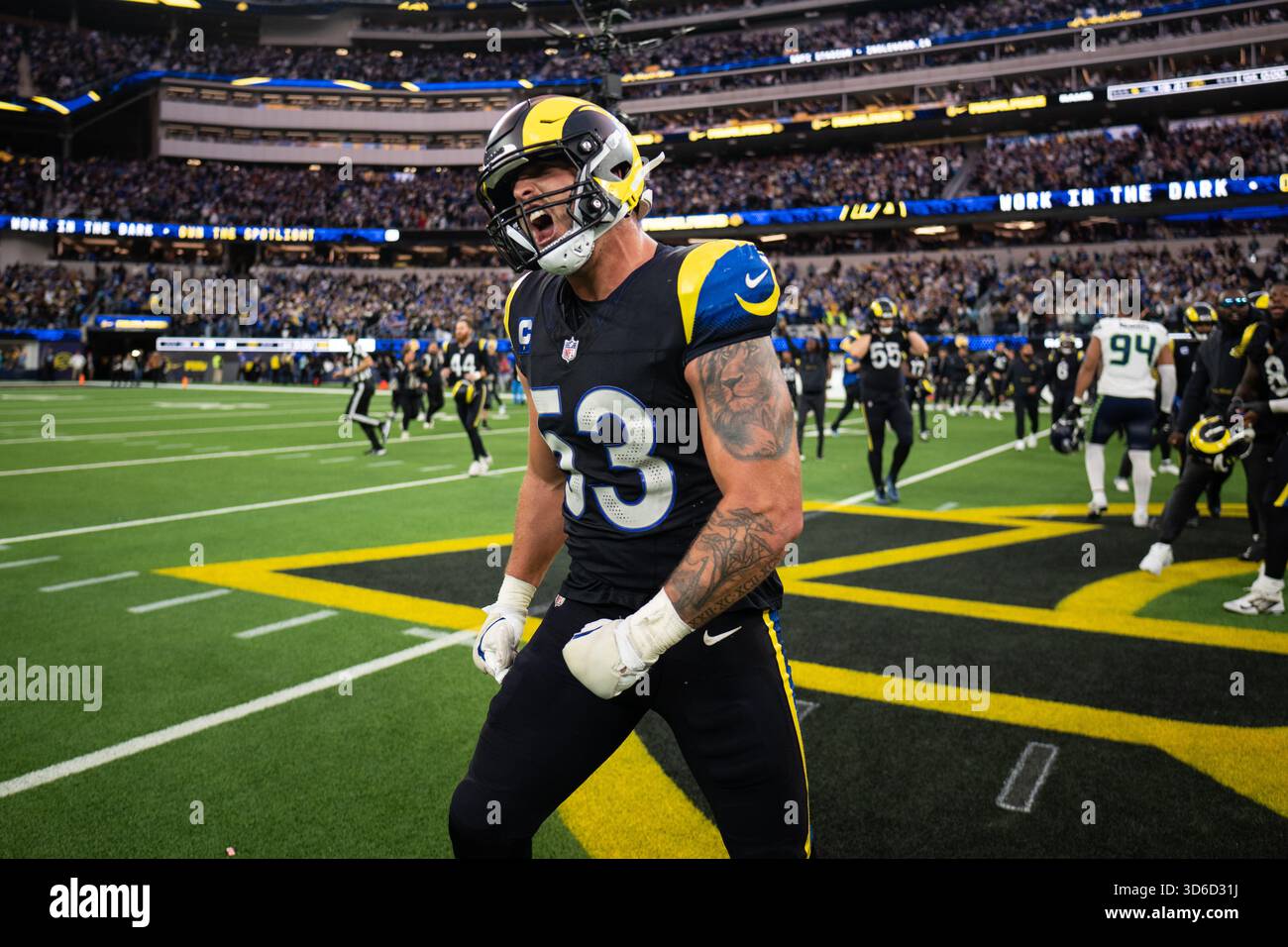 Los Angeles Rams linebacker Nate Landman (53) reacts after an NFL ...