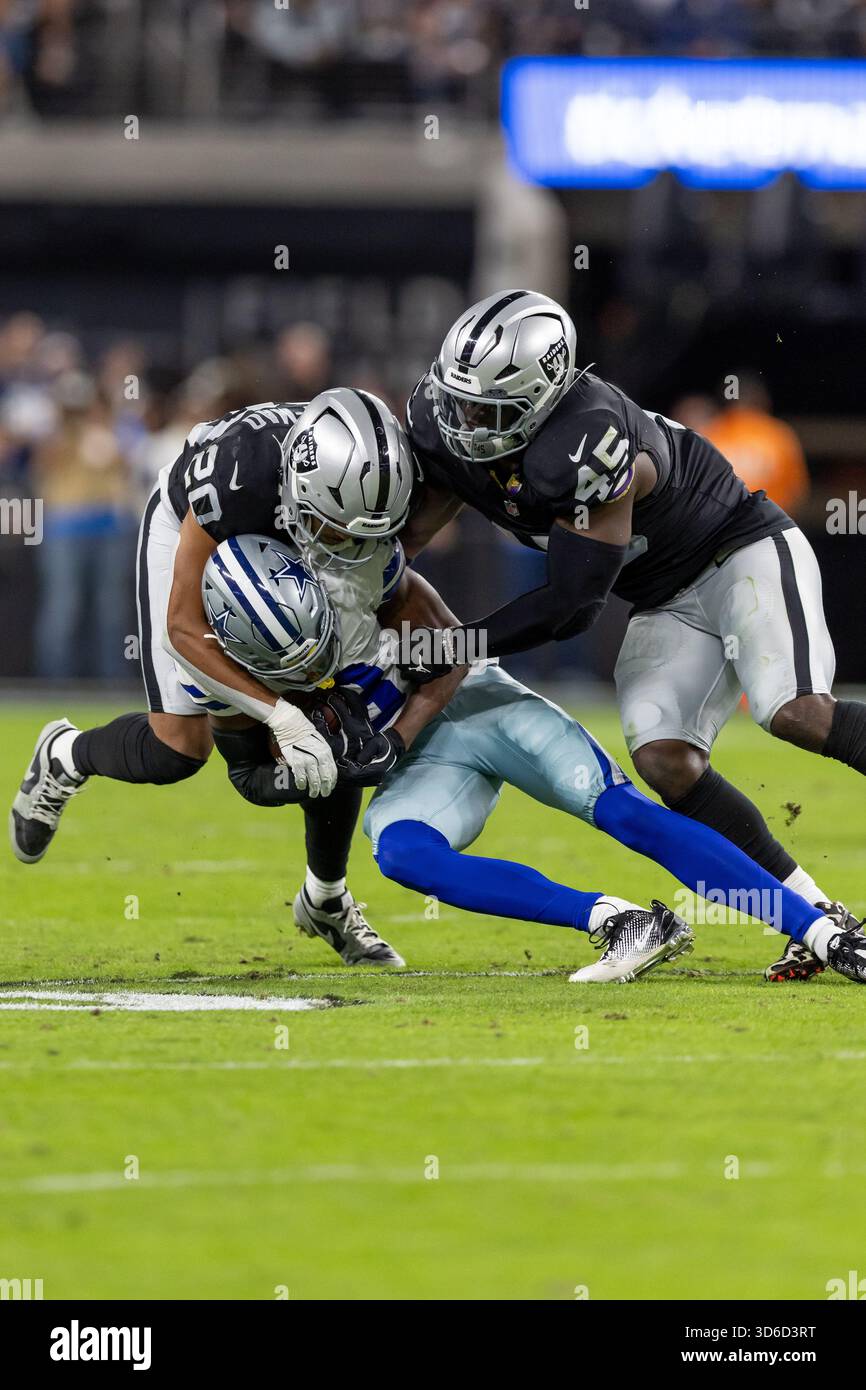 Dallas Cowboys wide receiver George Pickens (3) catches a pass and is tackled by Las Vegas ...